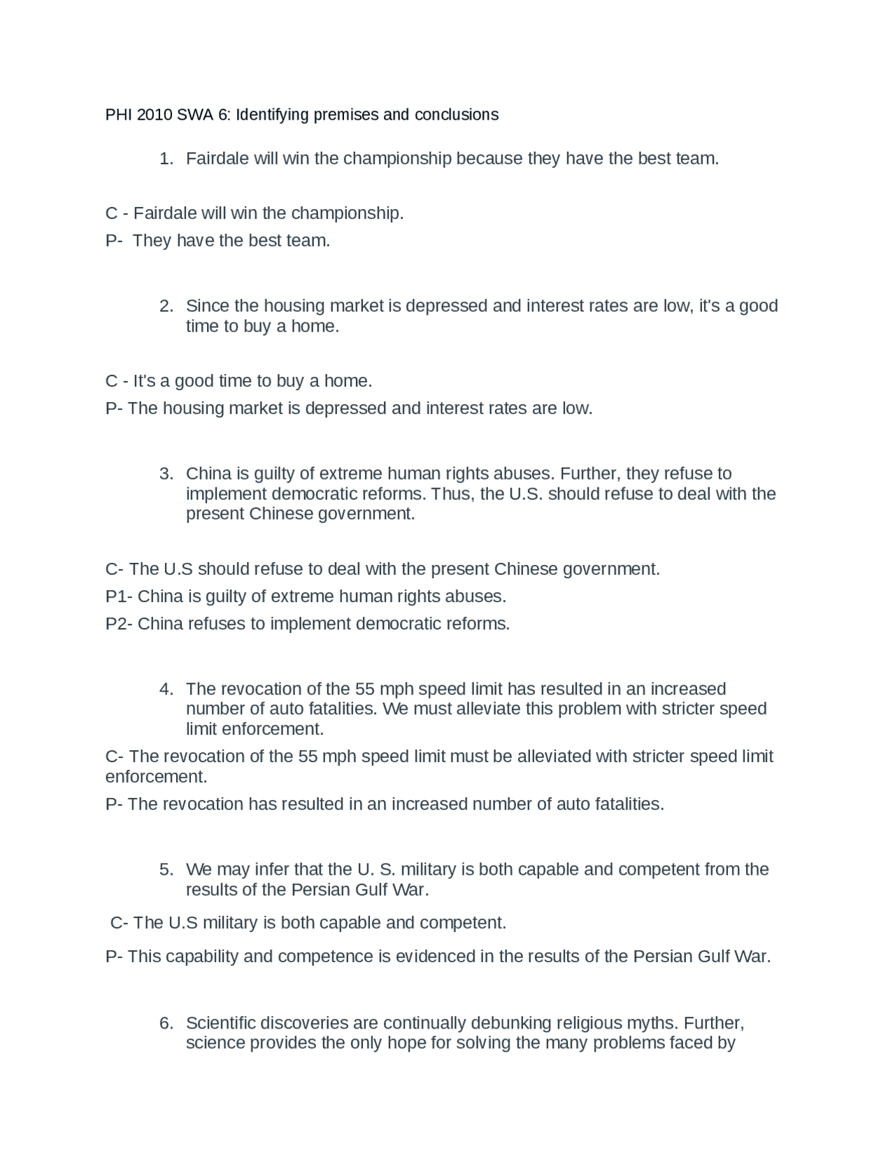 PREMISES AND CONCLUSIONS SWA | Exercises Philosophy | Docsity