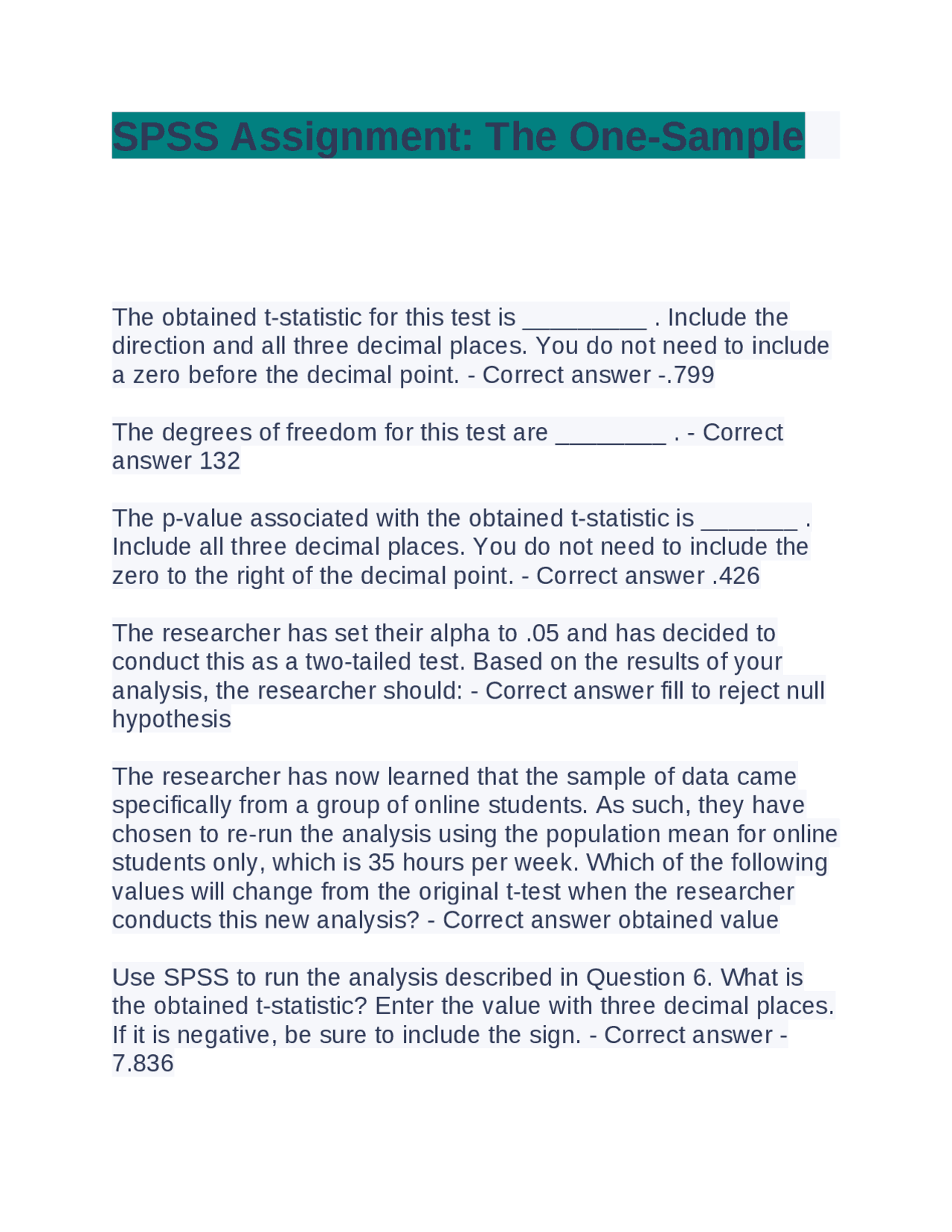 SPSS Assignment: One-Sample T-Test | Exams Statistics | Docsity