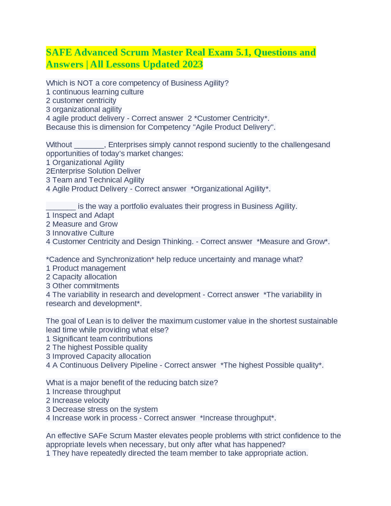 SAFE Advanced Scrum Master Real Exam 5.1, Questions and Answers | All ...