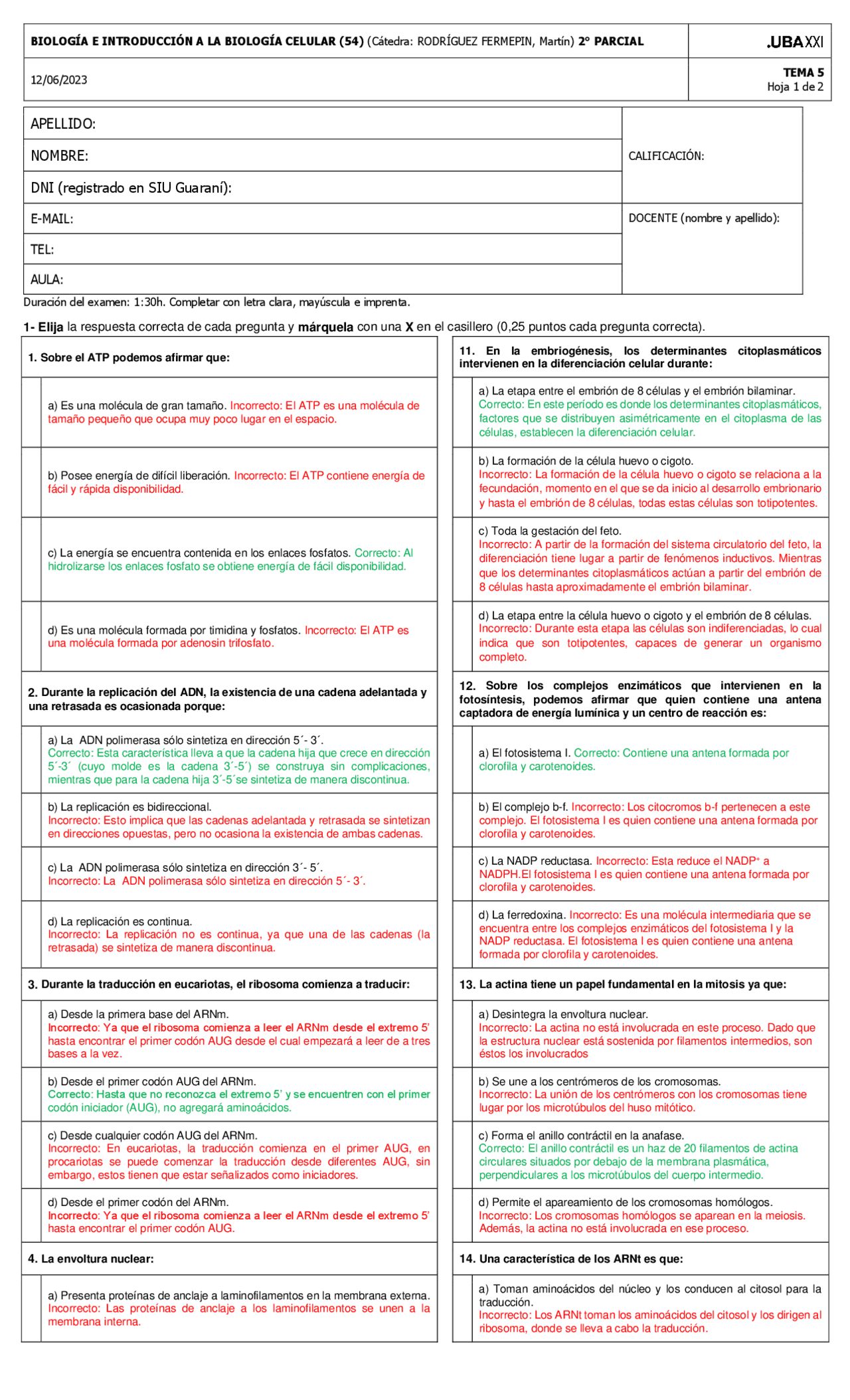 2do Parcial Biología Celular Exámenes De Biología Celular Docsity