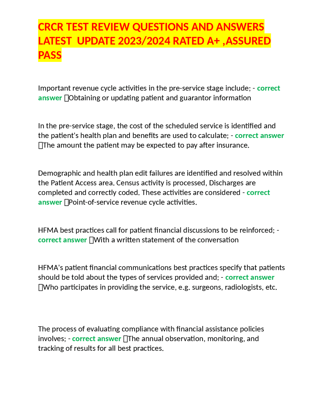 Revenue Cycle Activities in the Pre-Service Stage | Exams Nursing | Docsity