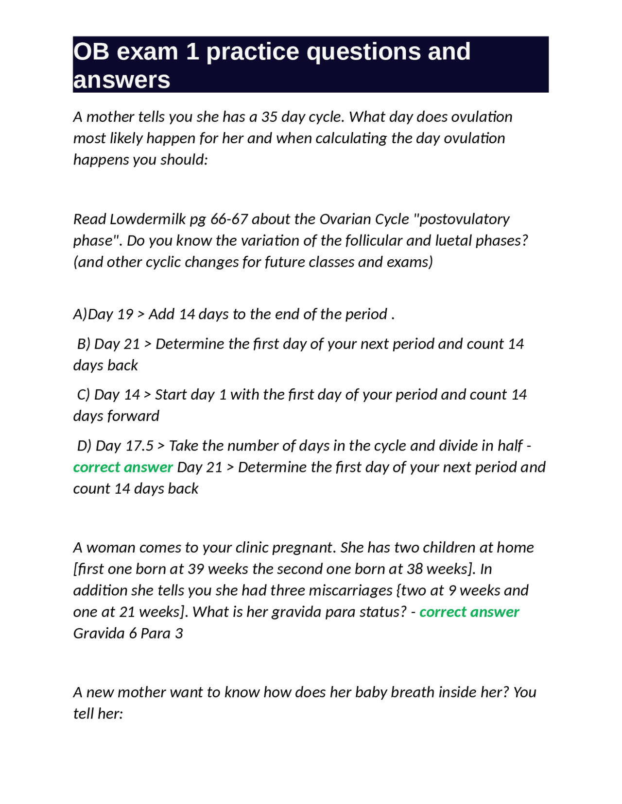 OB Exam 1 Practice Questions and Answers | Exams Nursing | Docsity