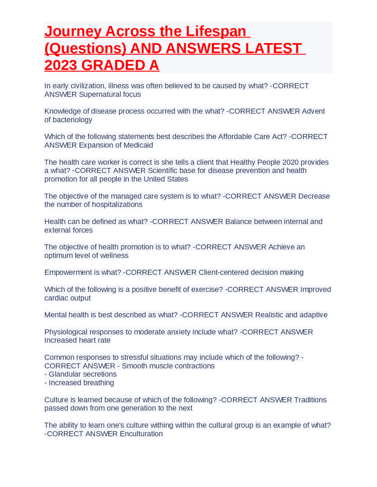 Journey Across The Lifespan Questions And Answers Latest 2023 Graded