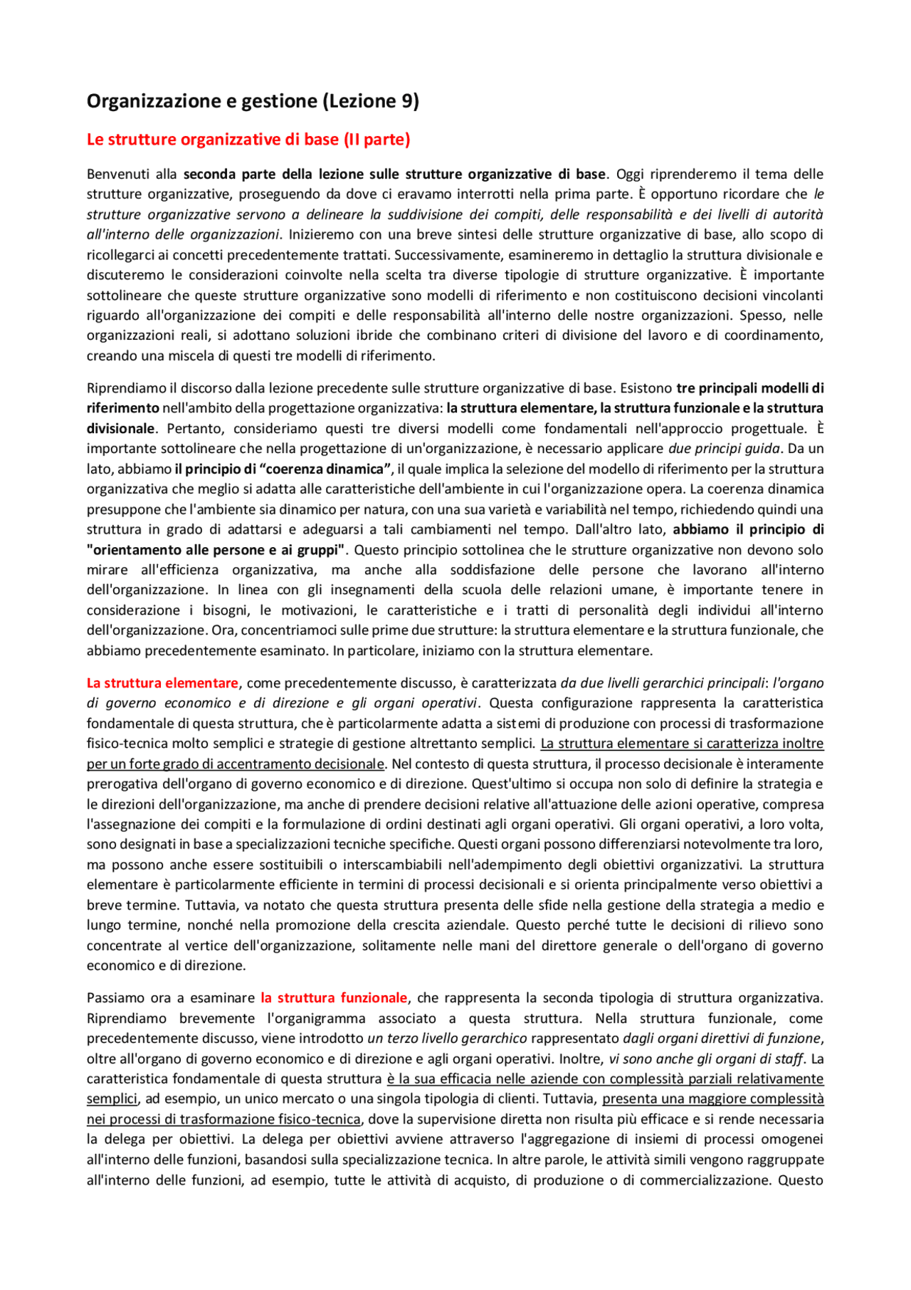 Le strutture organizzative di base (II parte) | Appunti di Organizzazione Aziendale | Docsity
