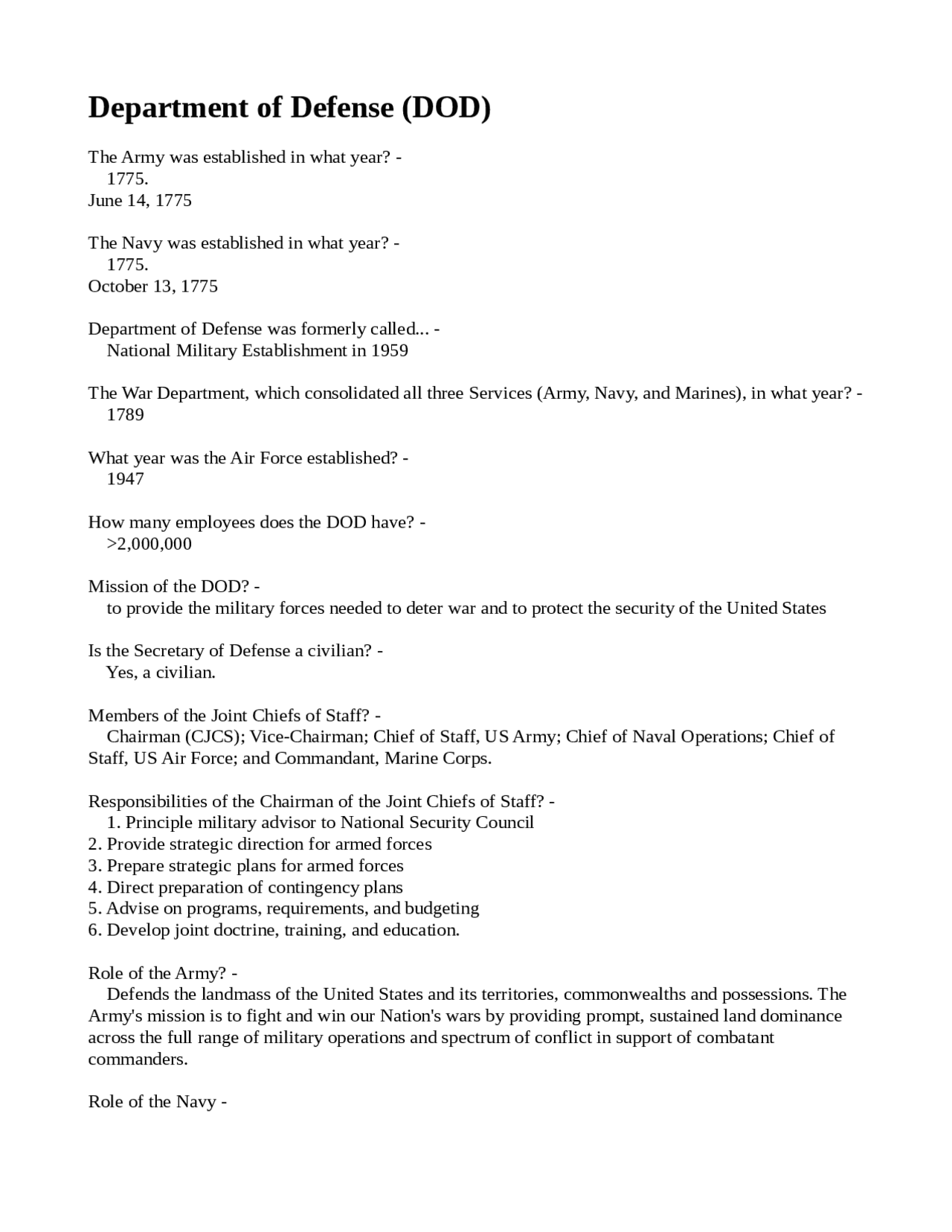 Department of Defense | Exams Military Strategy and Training | Docsity