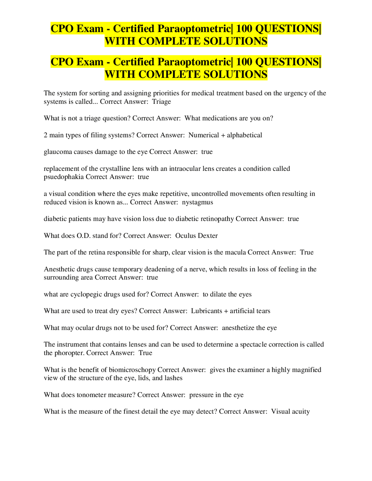 CPO Exam - Certified Paraoptometric 100 QUESTIONS WITH COMPLETE ...