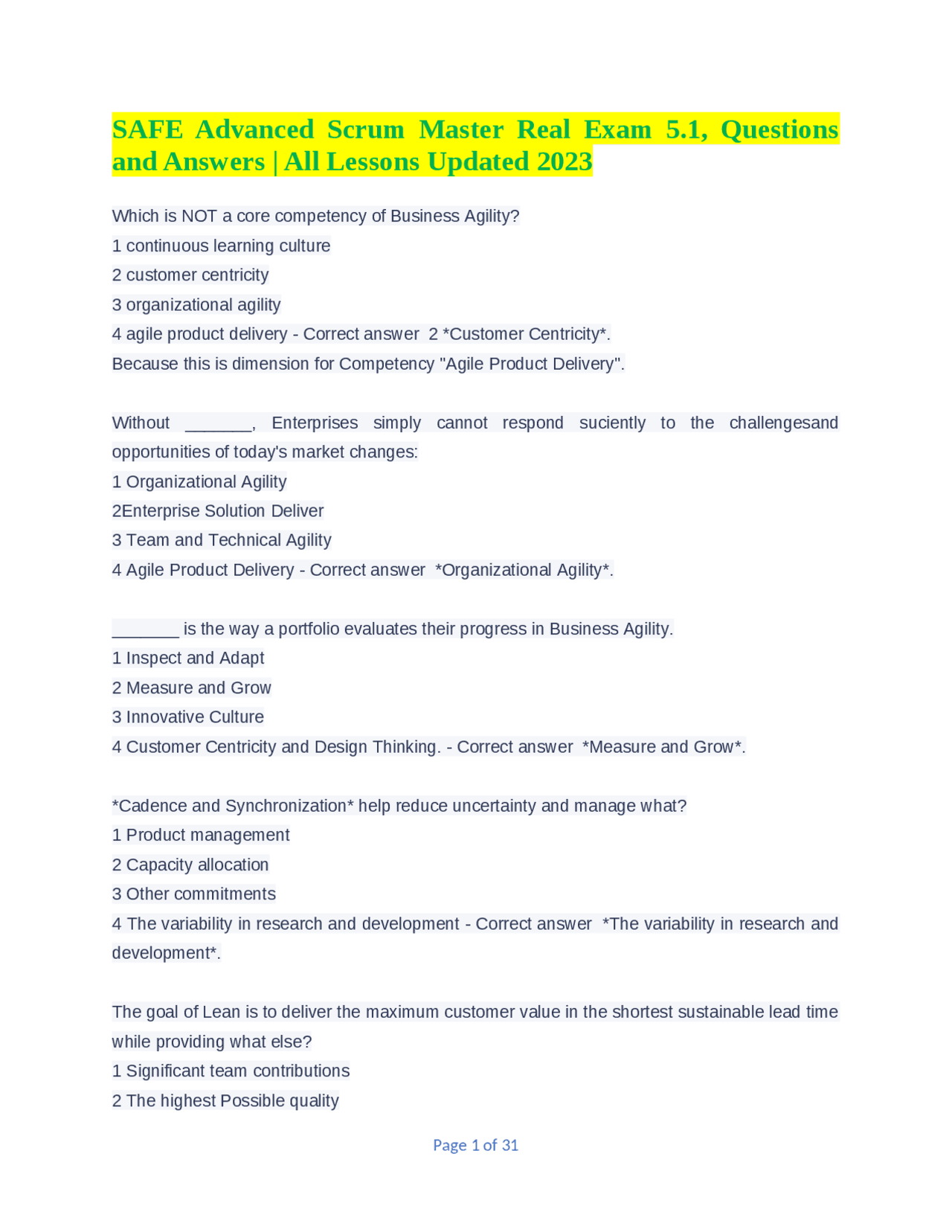 SAFE Advanced Scrum Master Real Exam 5.1, Questions and Answers | All ...