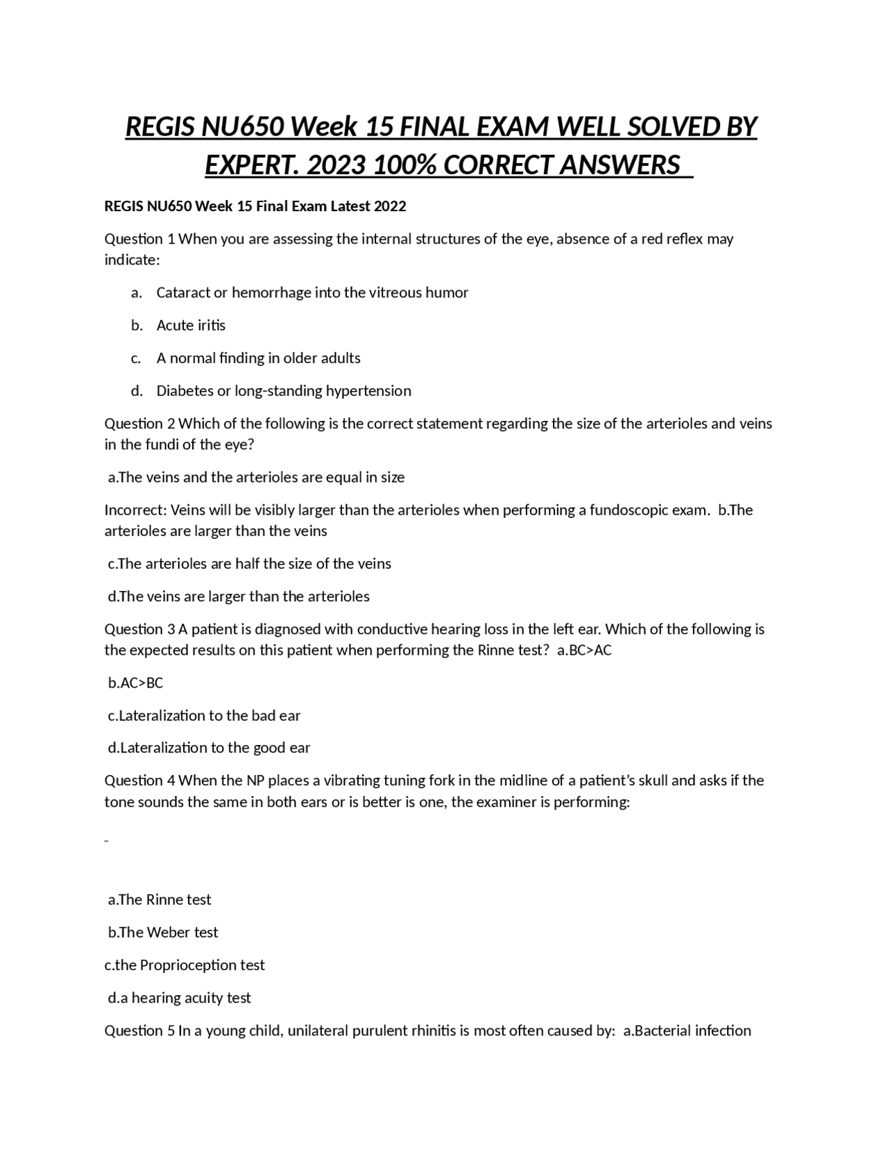 REGIS NU650 Week 15 FINAL EXAM WELL SOLVED BY EXPERT. 2023 100% CORRECT ...