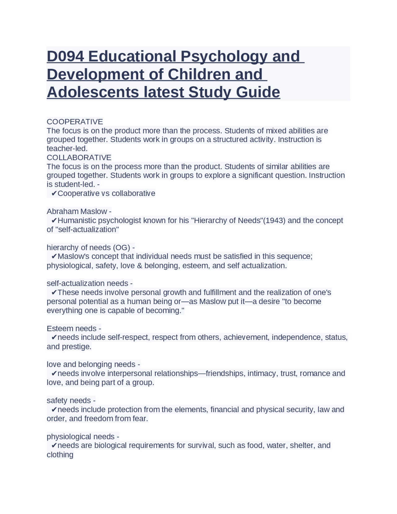 D094 Educational Psychology and Development of Children and Adolescents ...