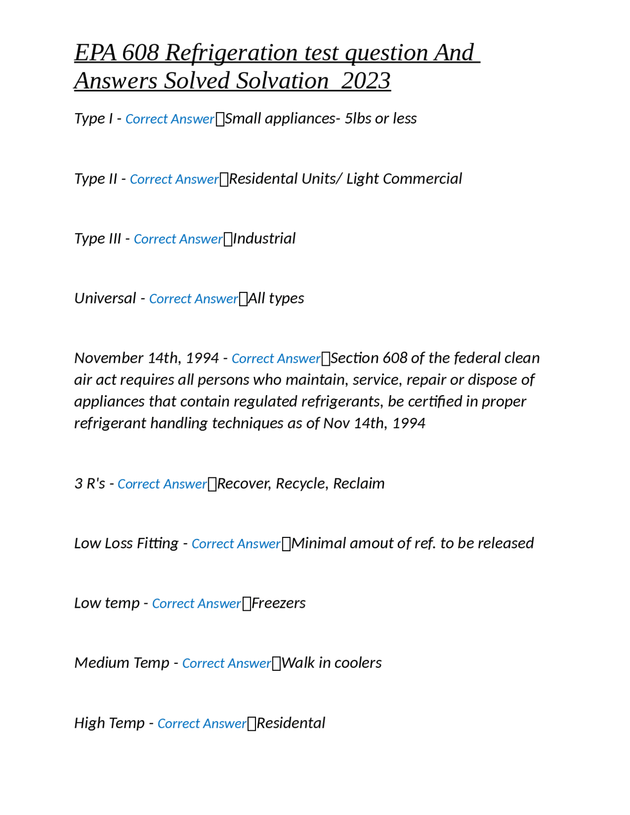EPA 608 Refrigeration test question And Answers Solved Solvation 2023 ...