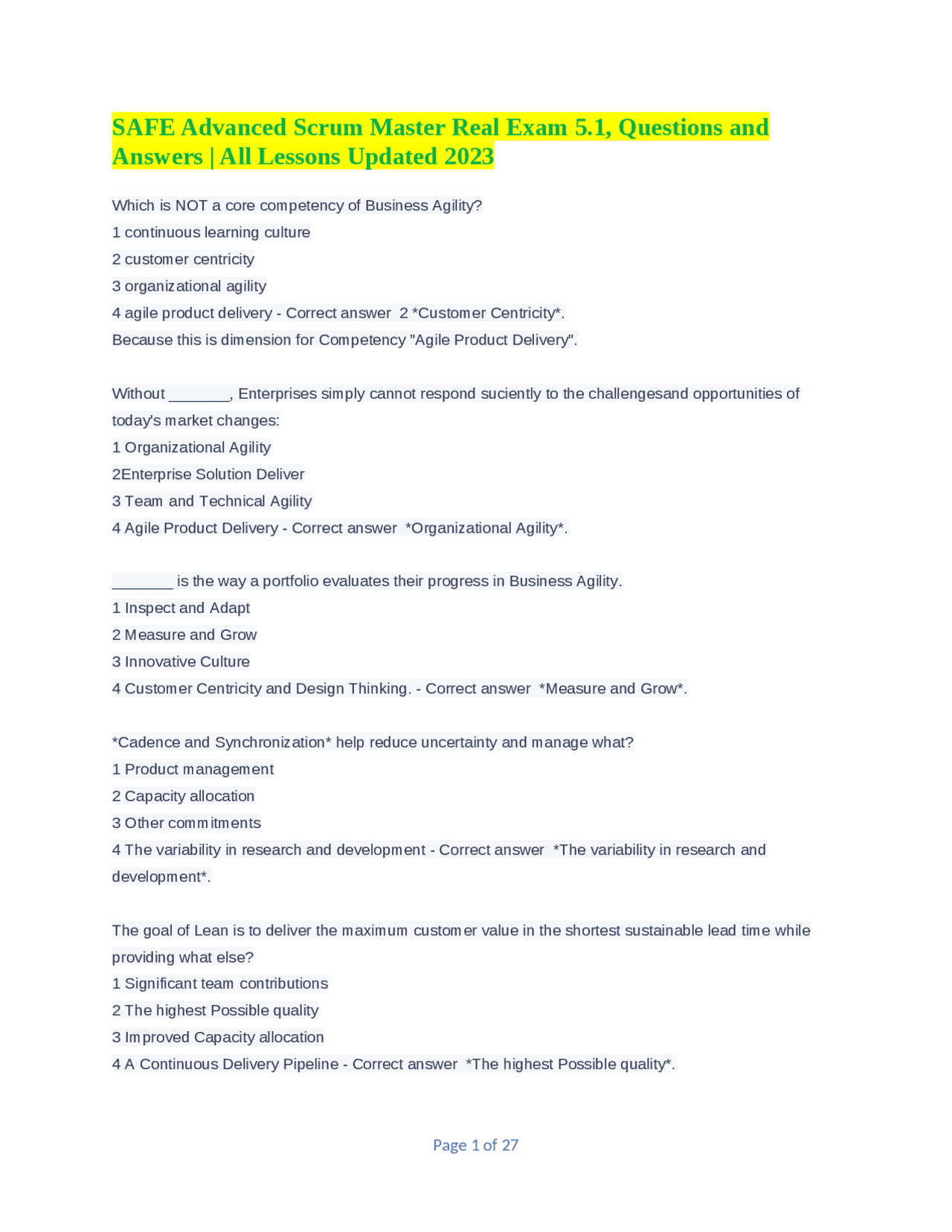 SAFE Advanced Scrum Master Real Exam 5.1, Questions and Answers | All ...