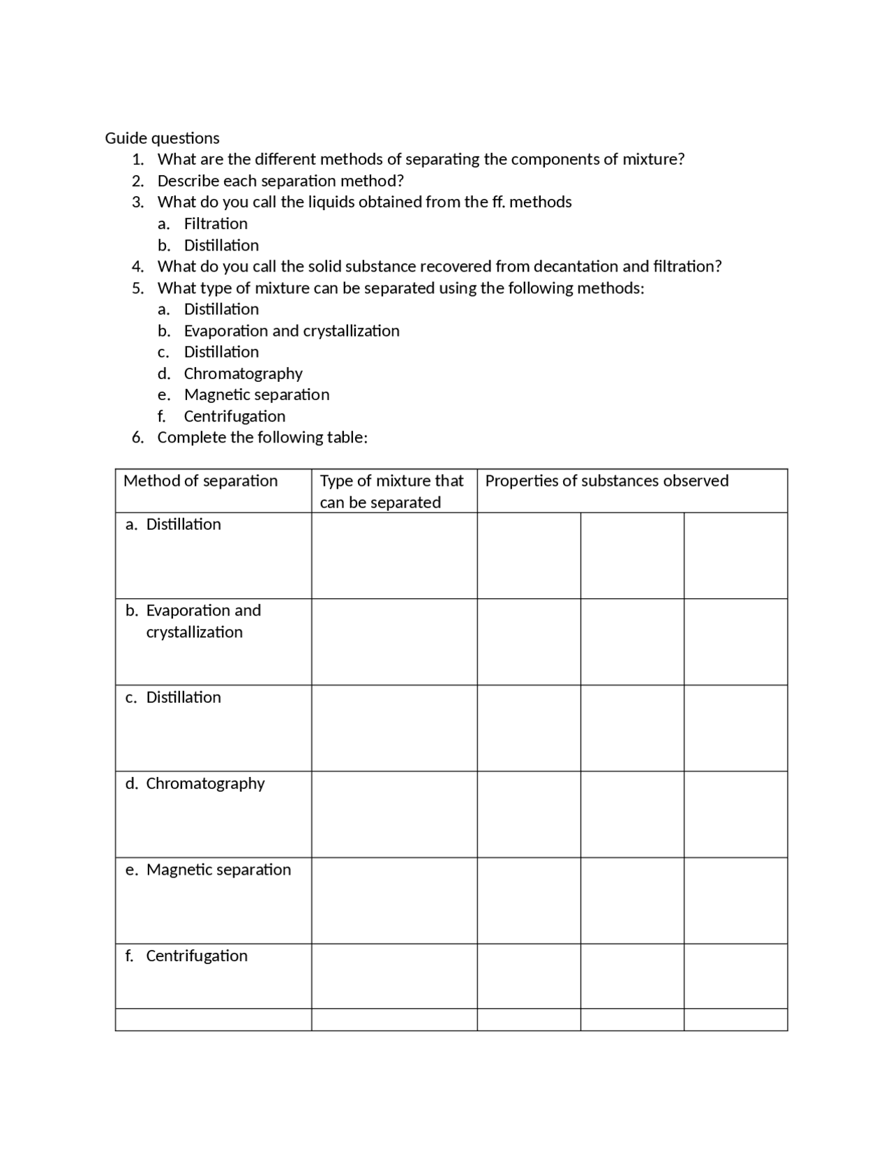 Separating Methods Of Mixtures Exercises Chemistry Docsity