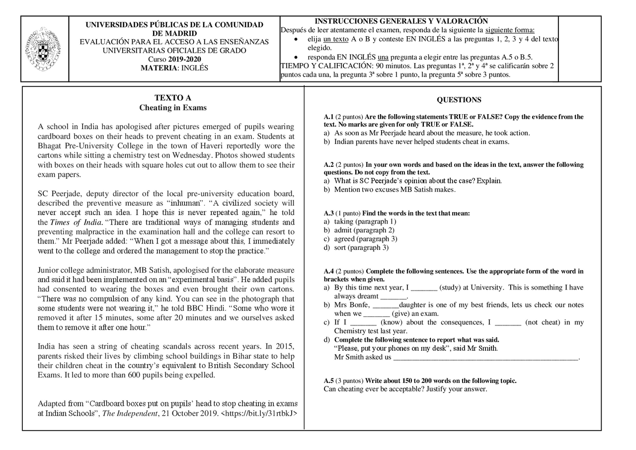Examen Ingles Selectividad Exámenes Selectividad De Inglés Docsity
