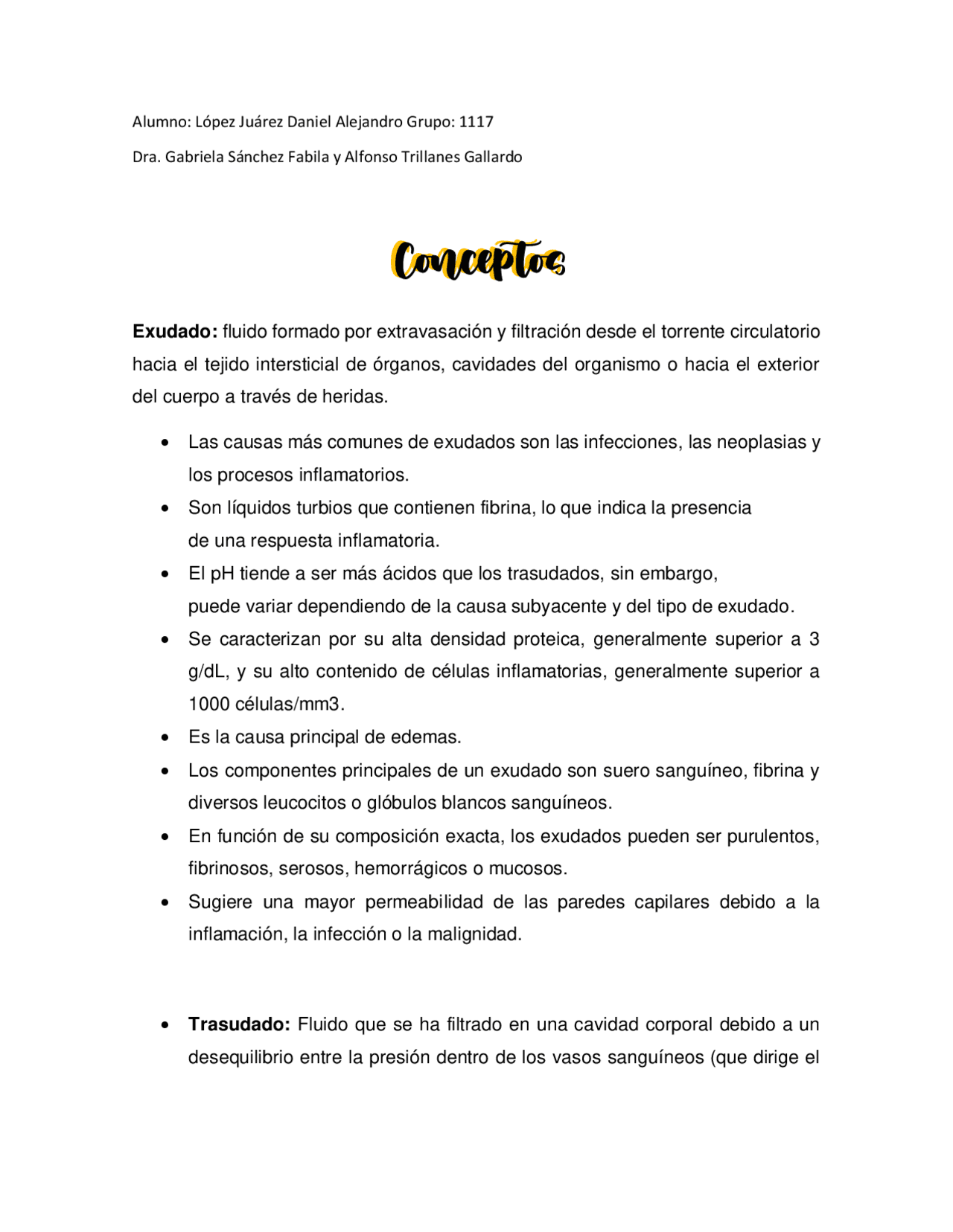 Exudado y trasudado definiciones | Resúmenes de Medicina | Docsity