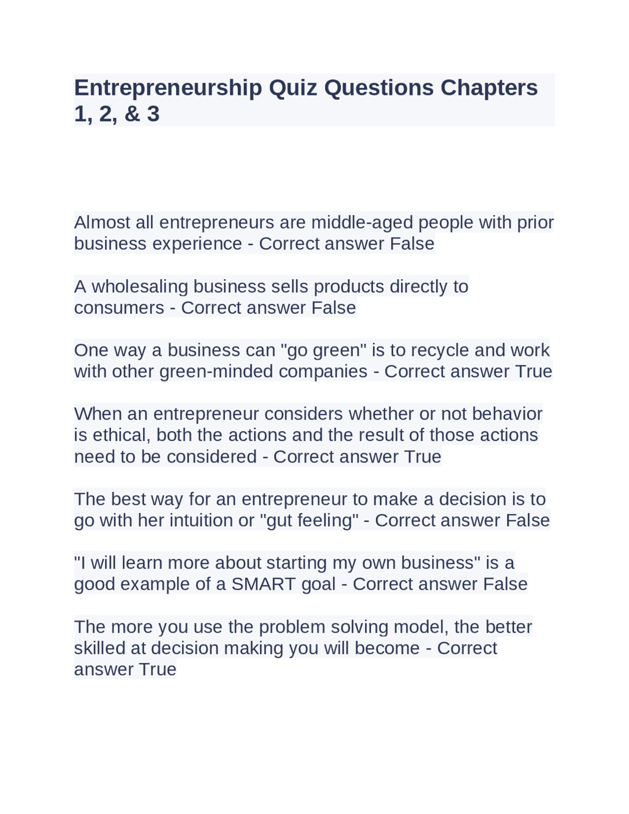 Entrepreneurship Quiz Questions Chapters 1, 2, & 3 | Exams Business ...