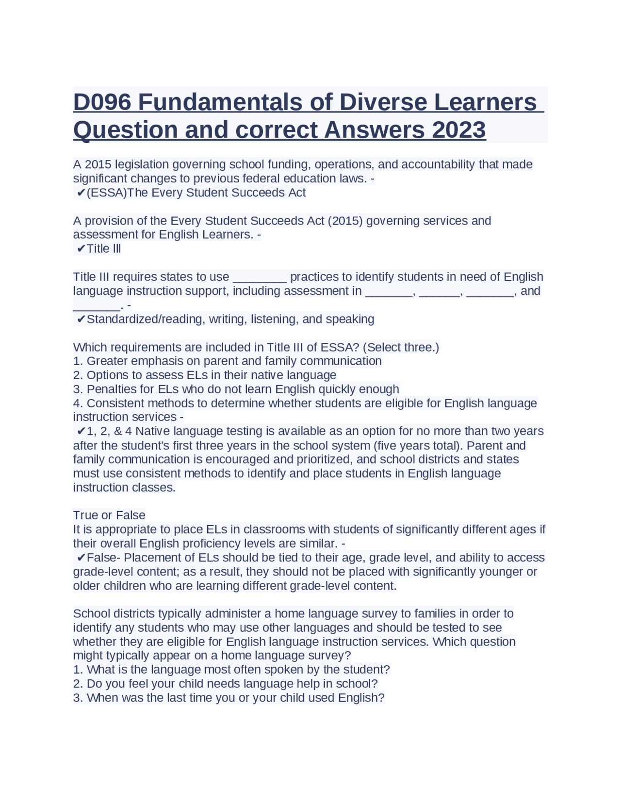 D096 Fundamentals Of Diverse Learners Question And Correct Answers 2023