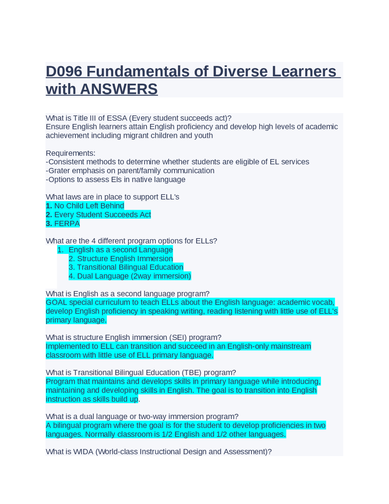 D096 Fundamentals Of Diverse Learners With Answers Exams Advanced