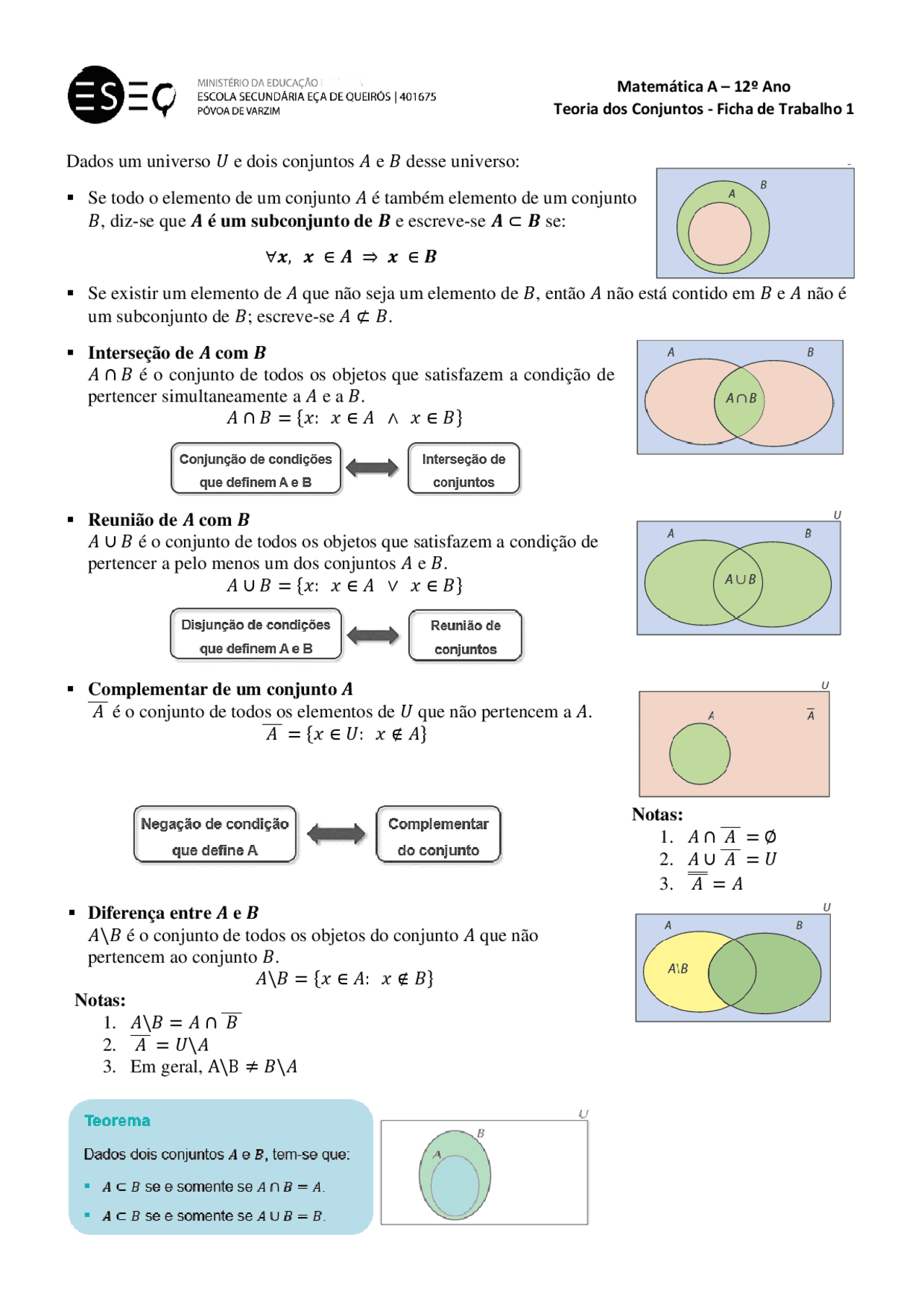 Ficha Teoria Conjuntos Exercícios Matemática Docsity