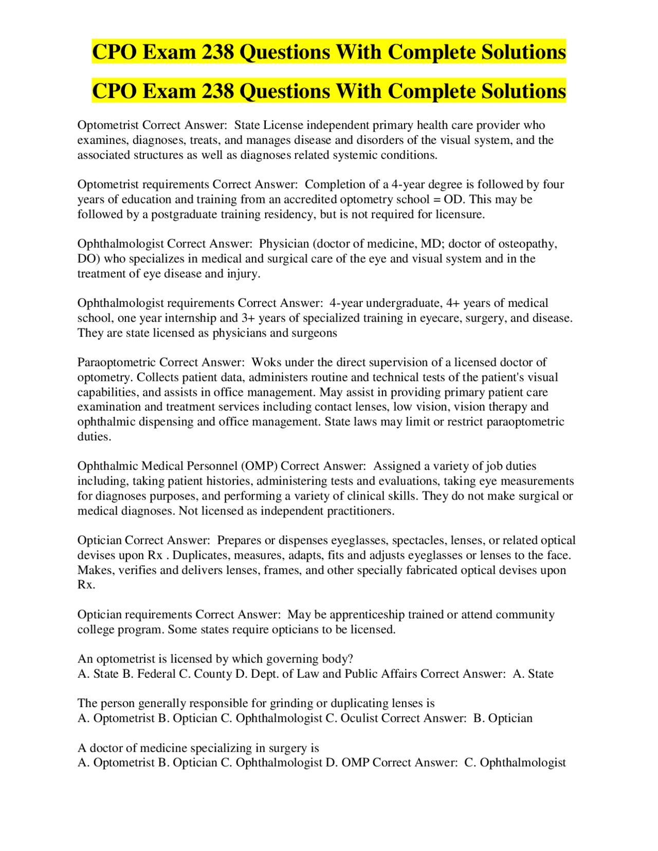 CPO Exam 238 Questions With Complete Solutions | Exams Nursing | Docsity