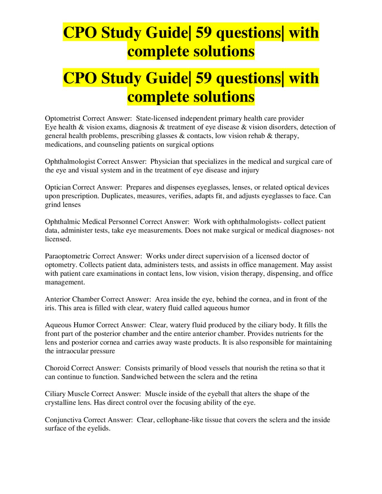 CPO Study Guide 59 questions with complete solutions | Exams Nursing ...
