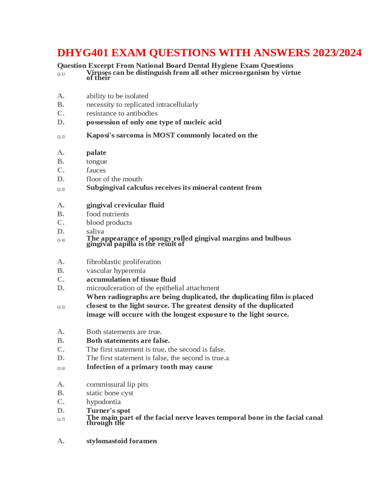 DHYG401 EXAM QUESTIONS WITH ANSWERS 2023/2024 | Exams Dental surgery ...
