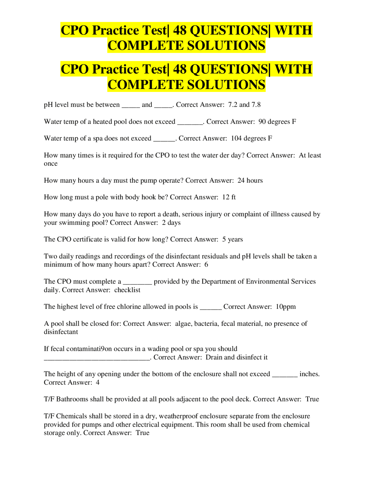 CPO Practice Test 48 QUESTIONS WITH COMPLETE SOLUTIONS | Exams Nursing ...