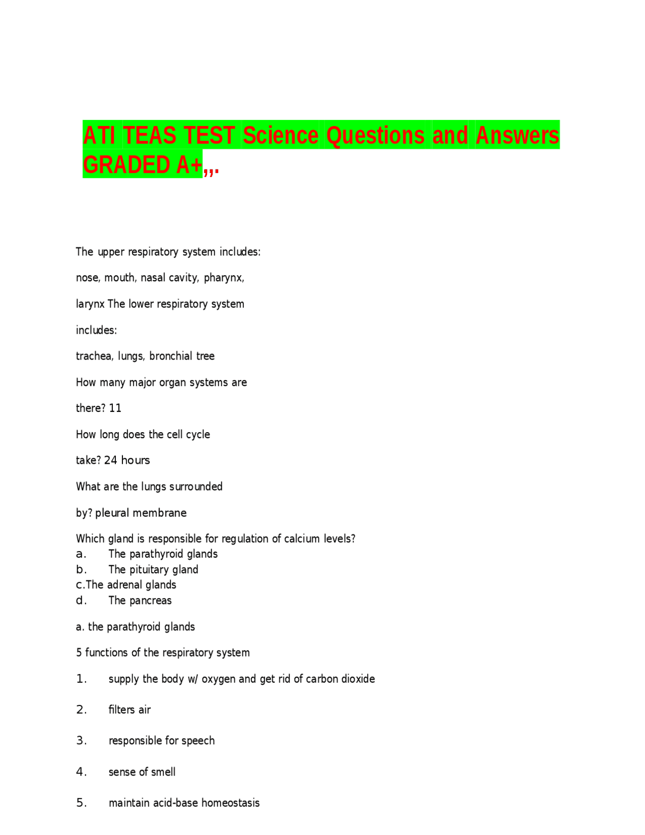 Ati Teas Test Science Questions And Answers Graded A Exams Health