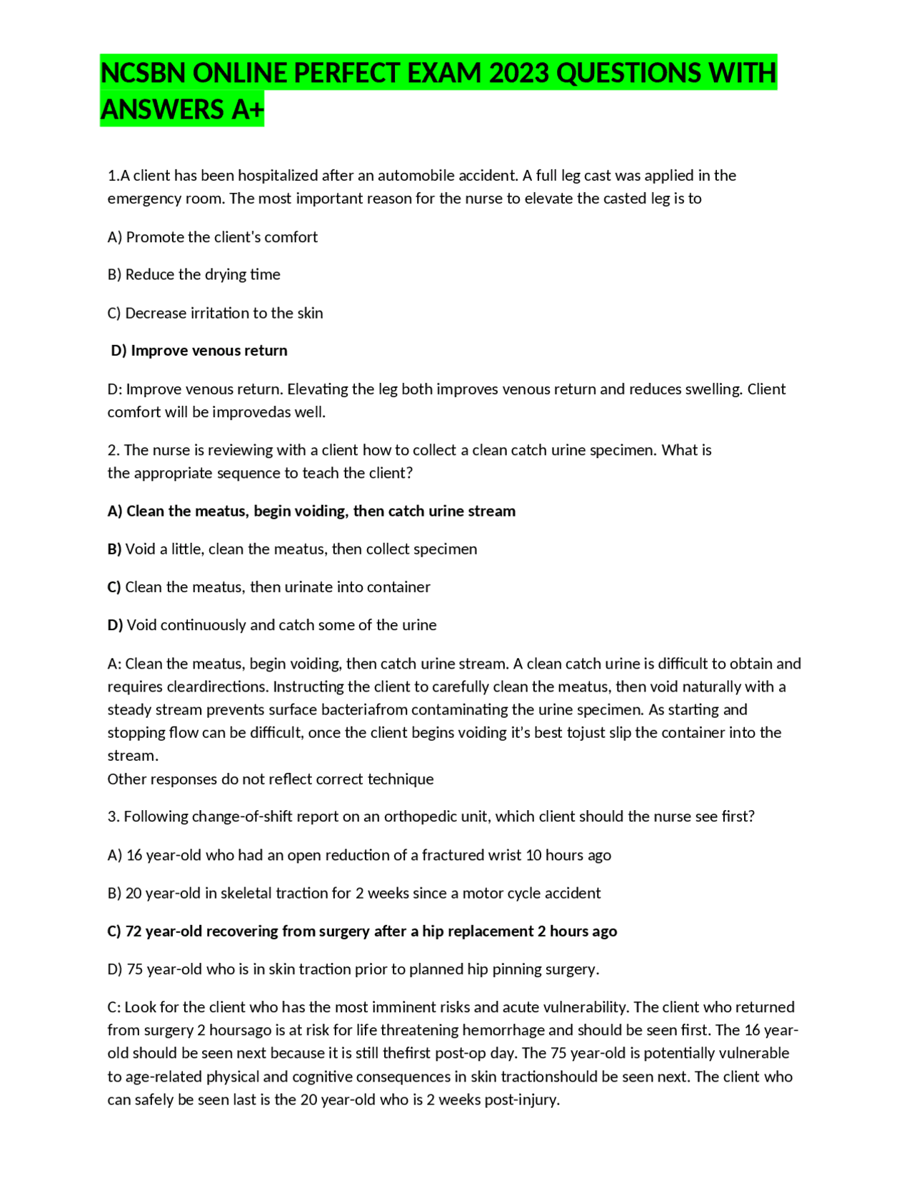 NCSBN ONLINE PERFECT EXAM 2023 QUESTIONS WITH ANSWERS A+ | Exams Nursing | Docsity