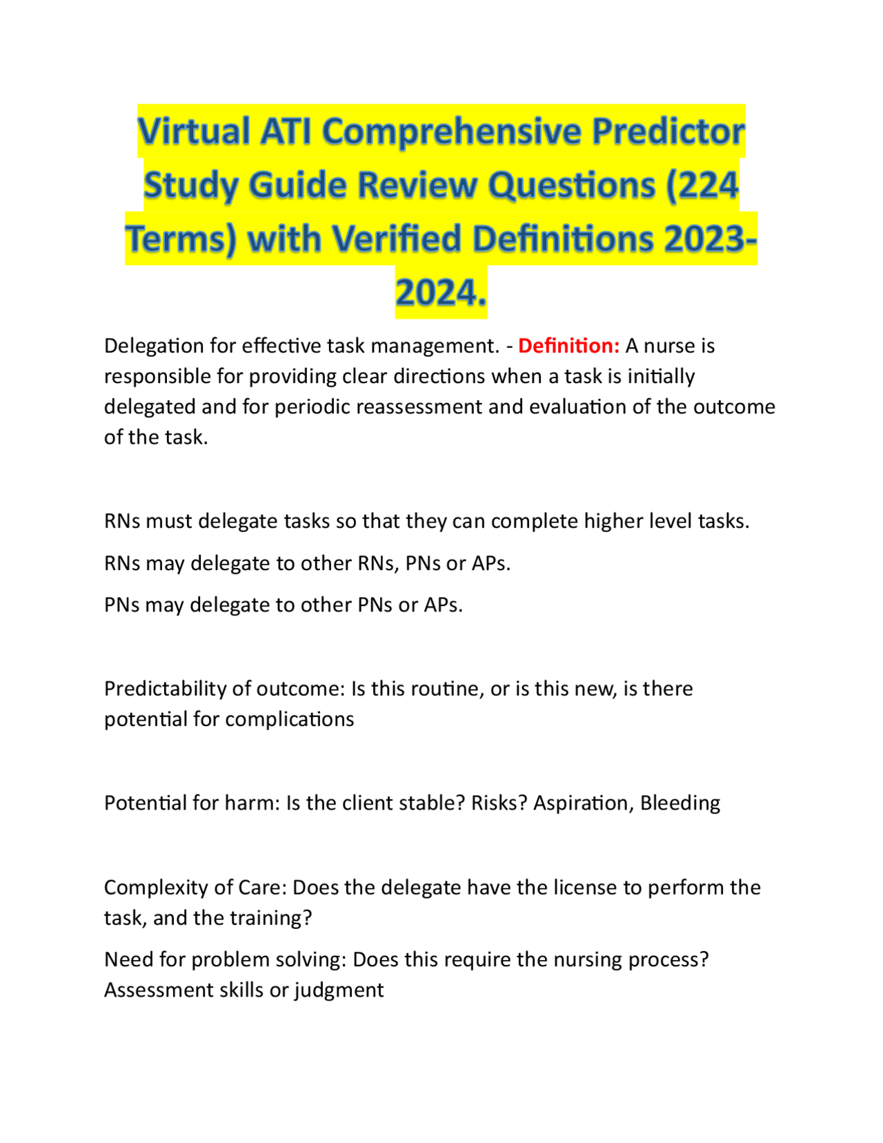 Virtual ATI Comprehensive Predictor Study Guide Review Questions (224 ...