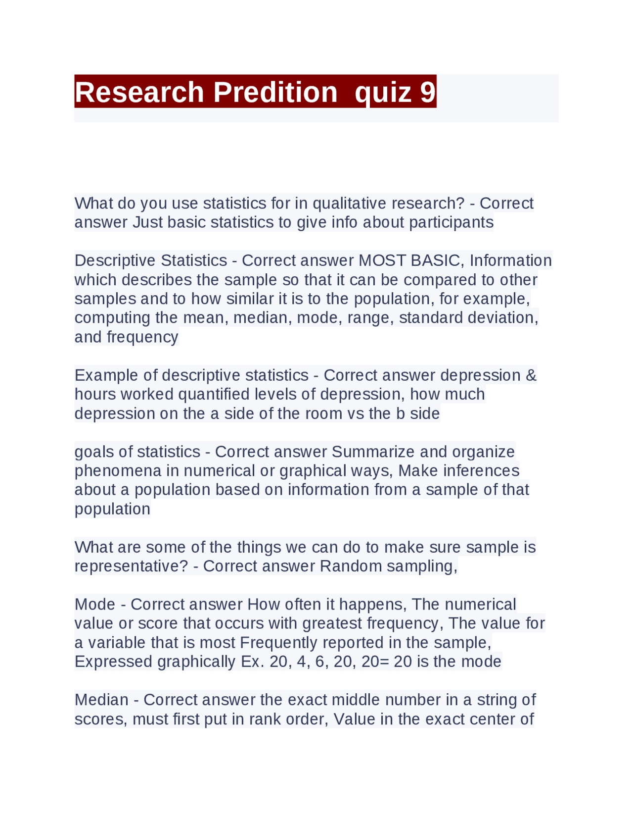 Research Predition Quiz 9 Exams Statistics Docsity