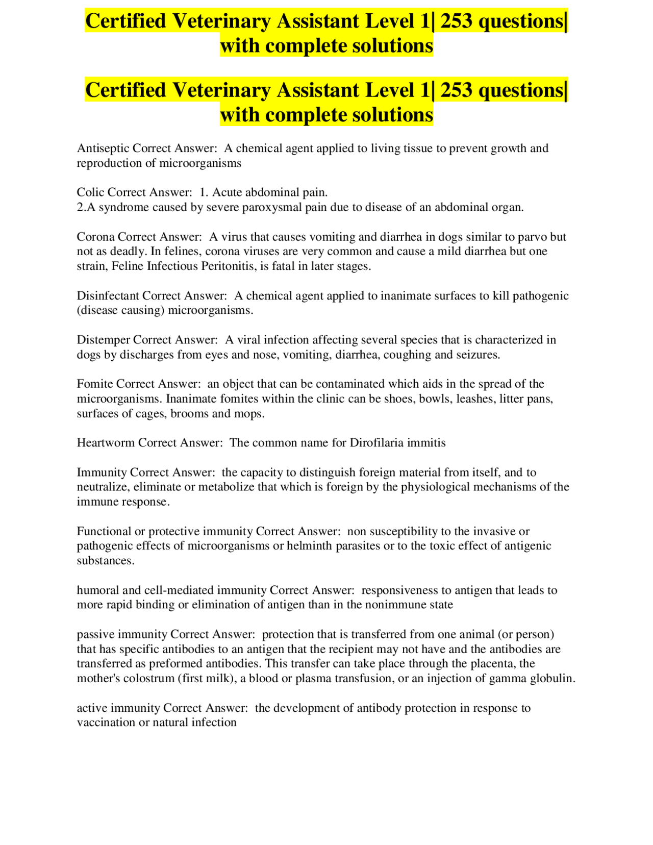 Certified Veterinary Assistant Level 1| 253 questions| with complete ...