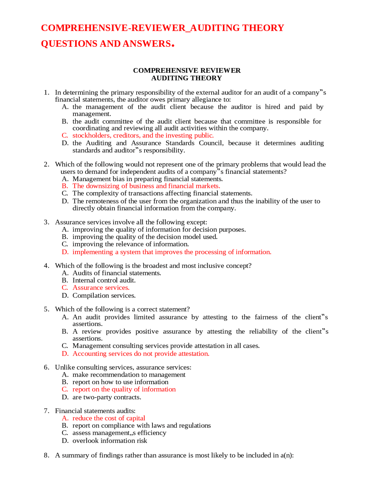 Acc 3016 Comprehensive Reviewerauditing Theory Questions And Answers