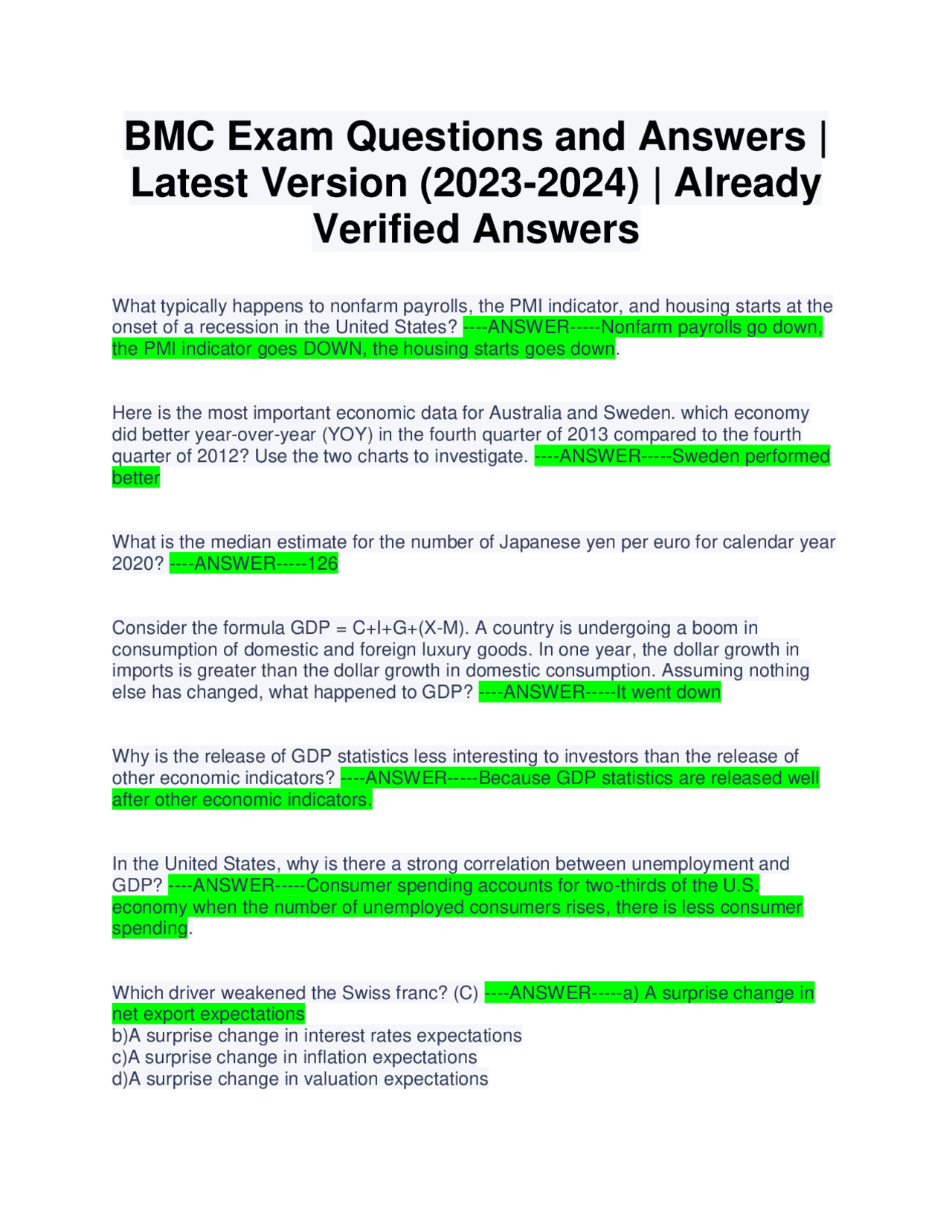 BMC Exam Questions and Answers | Latest Version (2023-2024) | Already ...