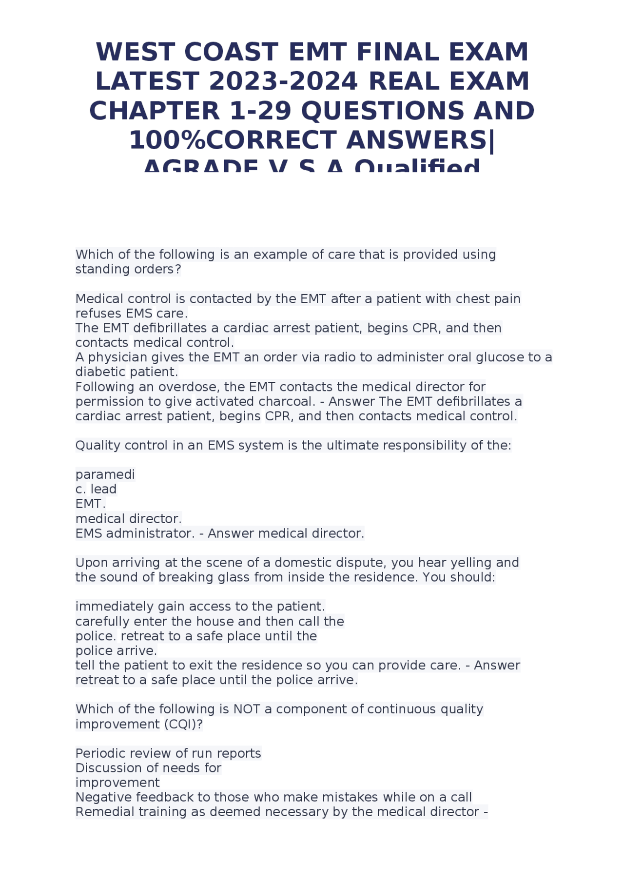 WEST COAST EMT FINAL EXAM LATEST 2023-2024 REAL EXAM CHAPTER 1-29 ...