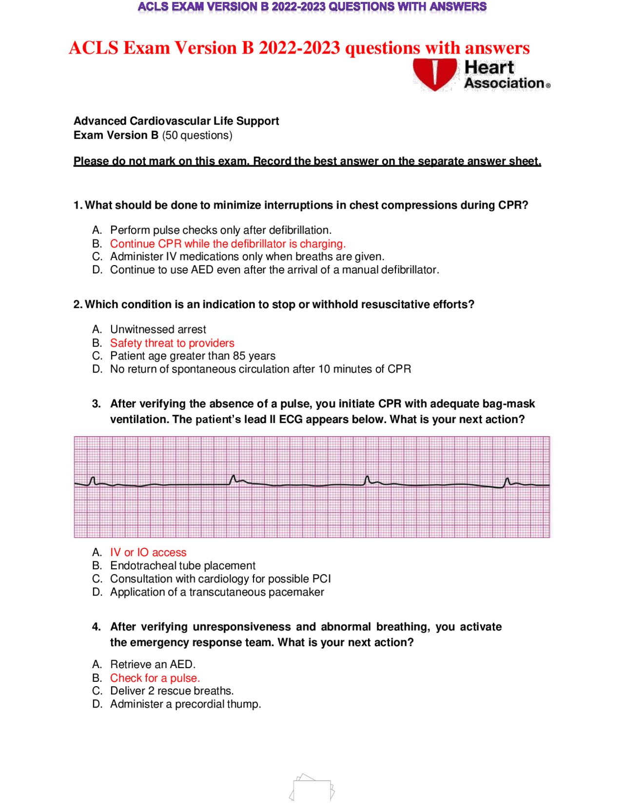 Acls Exam Version B 2022 2023 Questions With Answers Exams Nursing