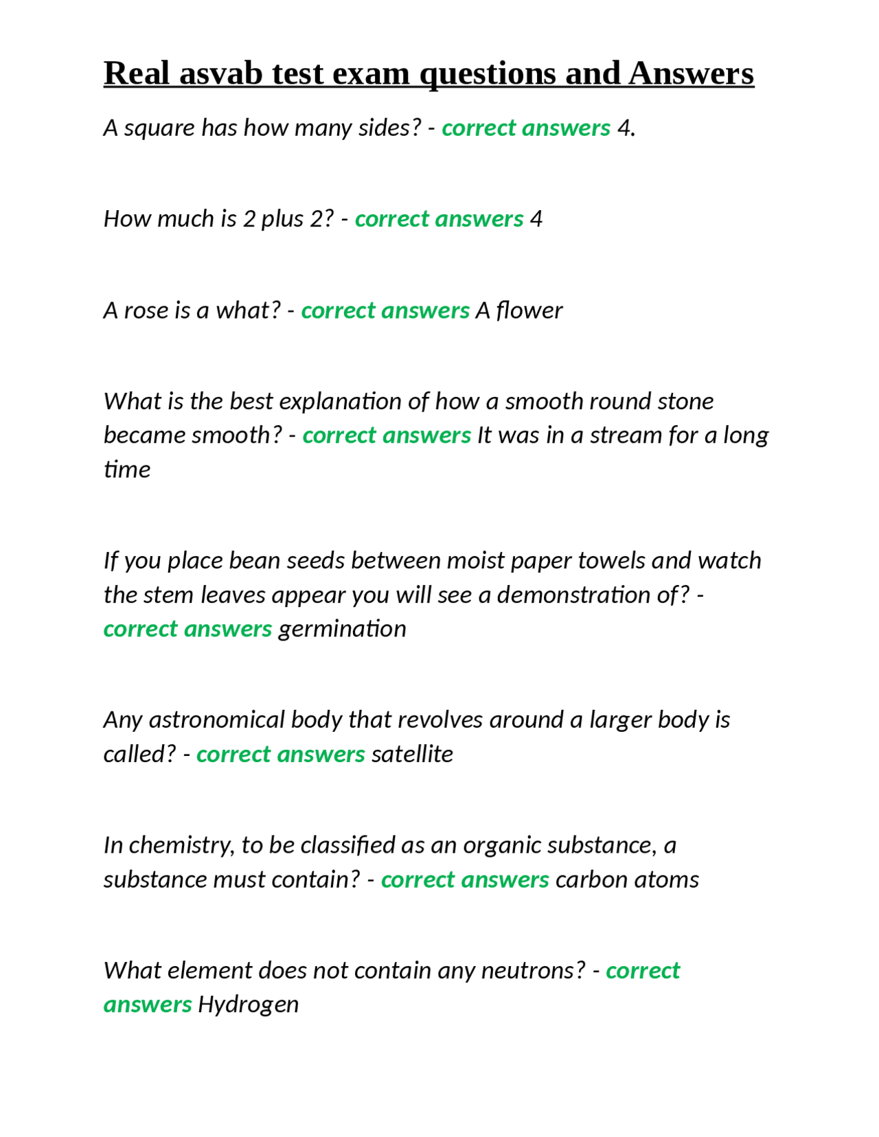 Real asvab test exam questions and Answers | Exams Nursing | Docsity