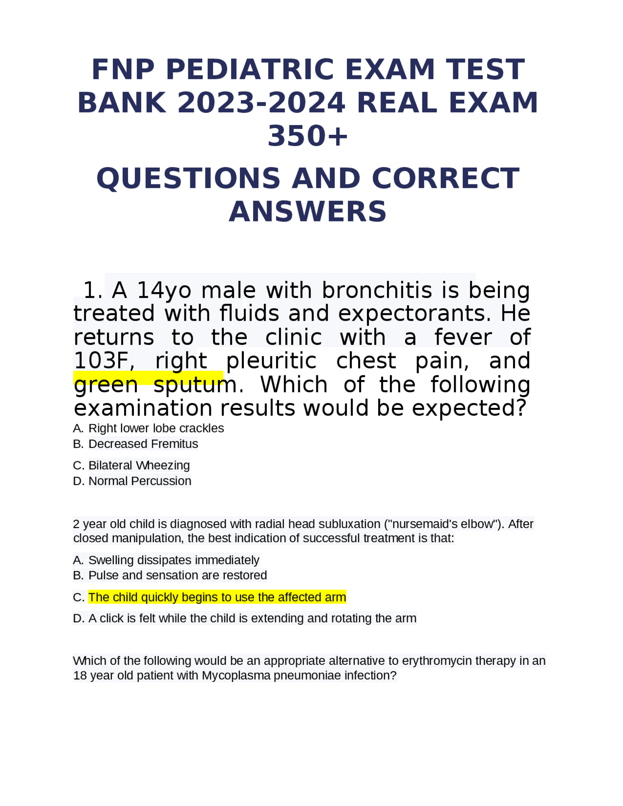 FNP PEDIATRIC EXAM TEST BANK 2023-2024 REAL EXAM 350+ QUESTIONS AND ...