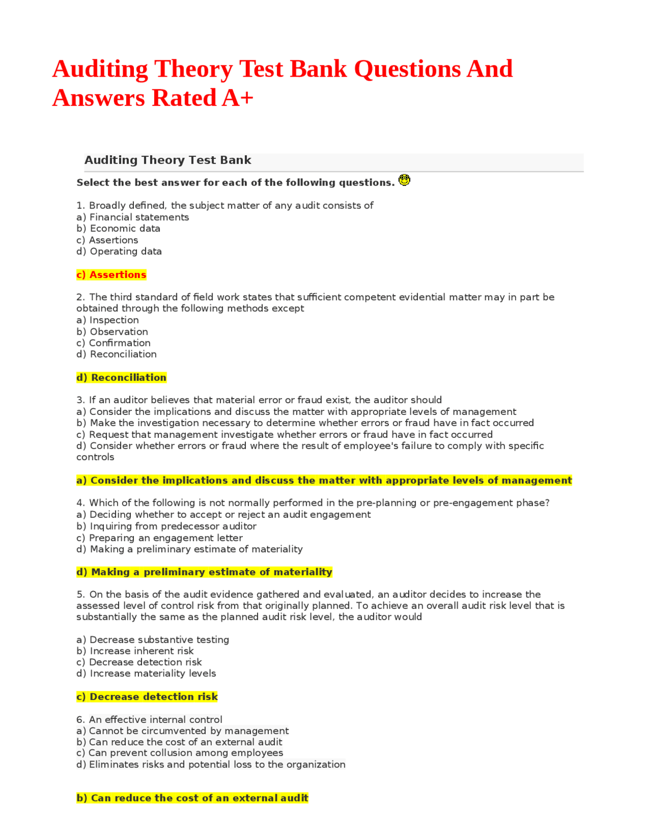 Auditing Theory Test Bank Questions And Answers Rated A+ | Exams ...