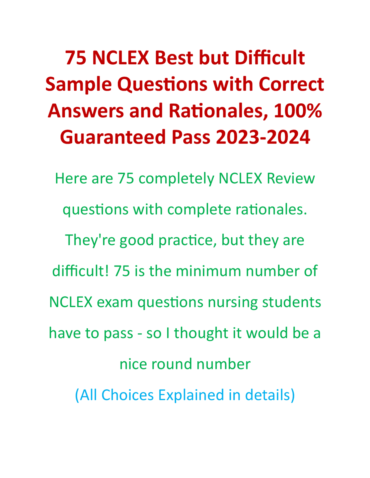 75 NCLEX Best but Difficult Sample Questions with Correct Answers and ...