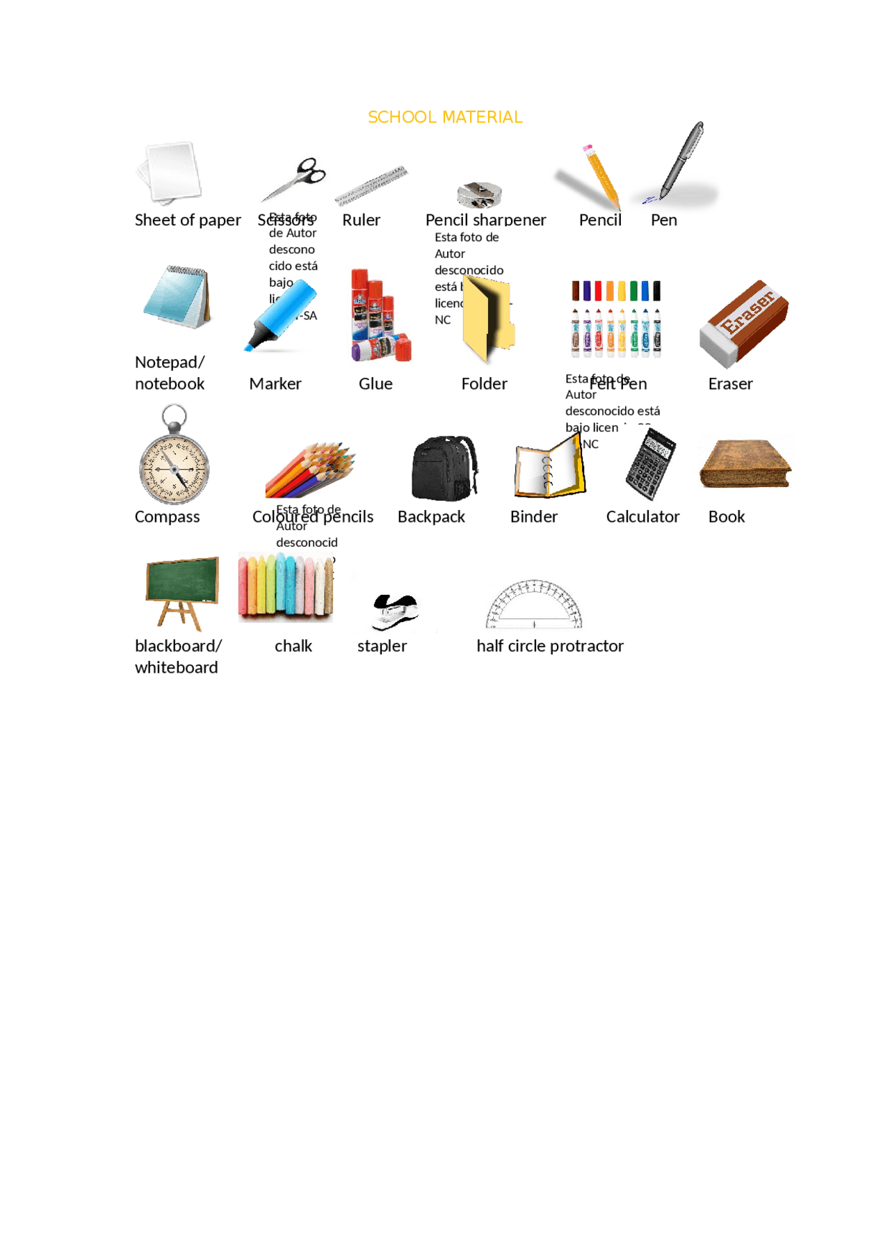 School material vocabulary | Apuntes de Inglés | Docsity