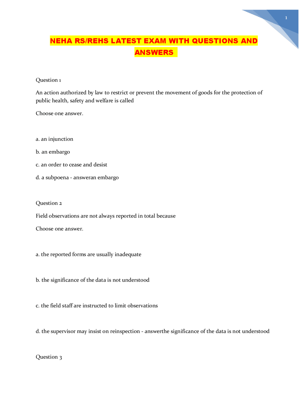 NEHA RS/REHS LATEST EXAM WITH QUESTIONS AND ANSWERS 2023-2024 GRADEDA ...