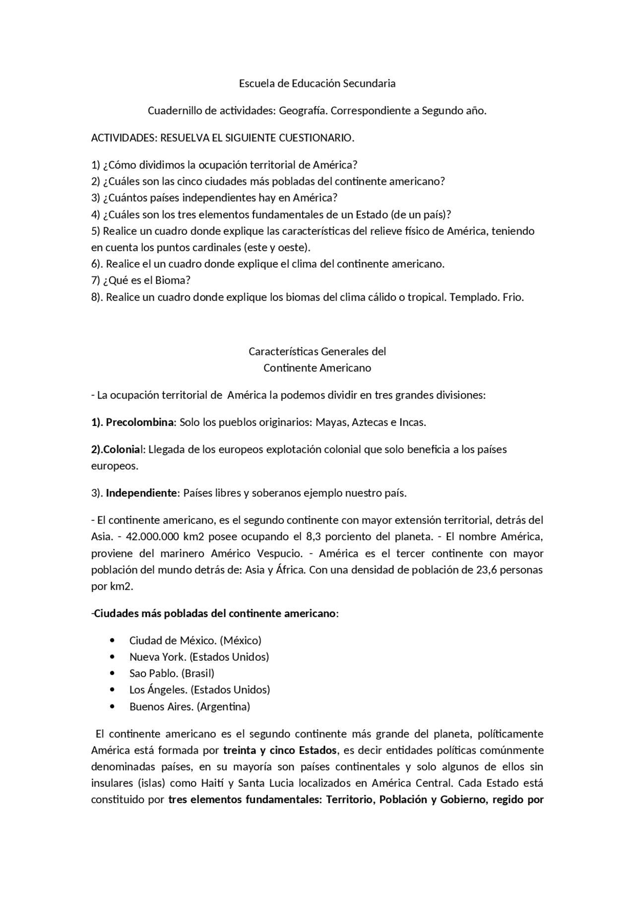 Cuadernillo De Actividades Practicas De La Materia Geografía De Segundo