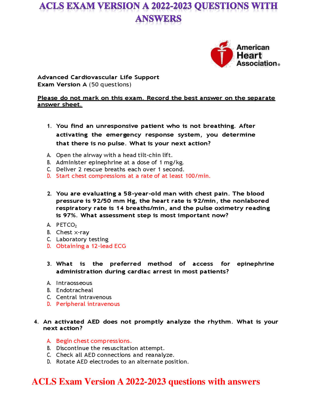 ACLS Exam Version A 2022-2023 questions with answers | Exams Nursing ...