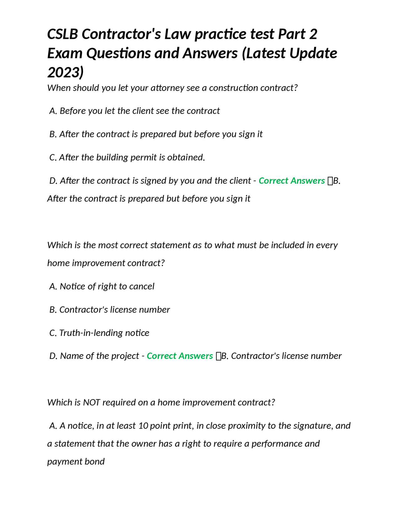 CSLB Contractor's Law practice test Part 2 Exam Questions and Answers ...