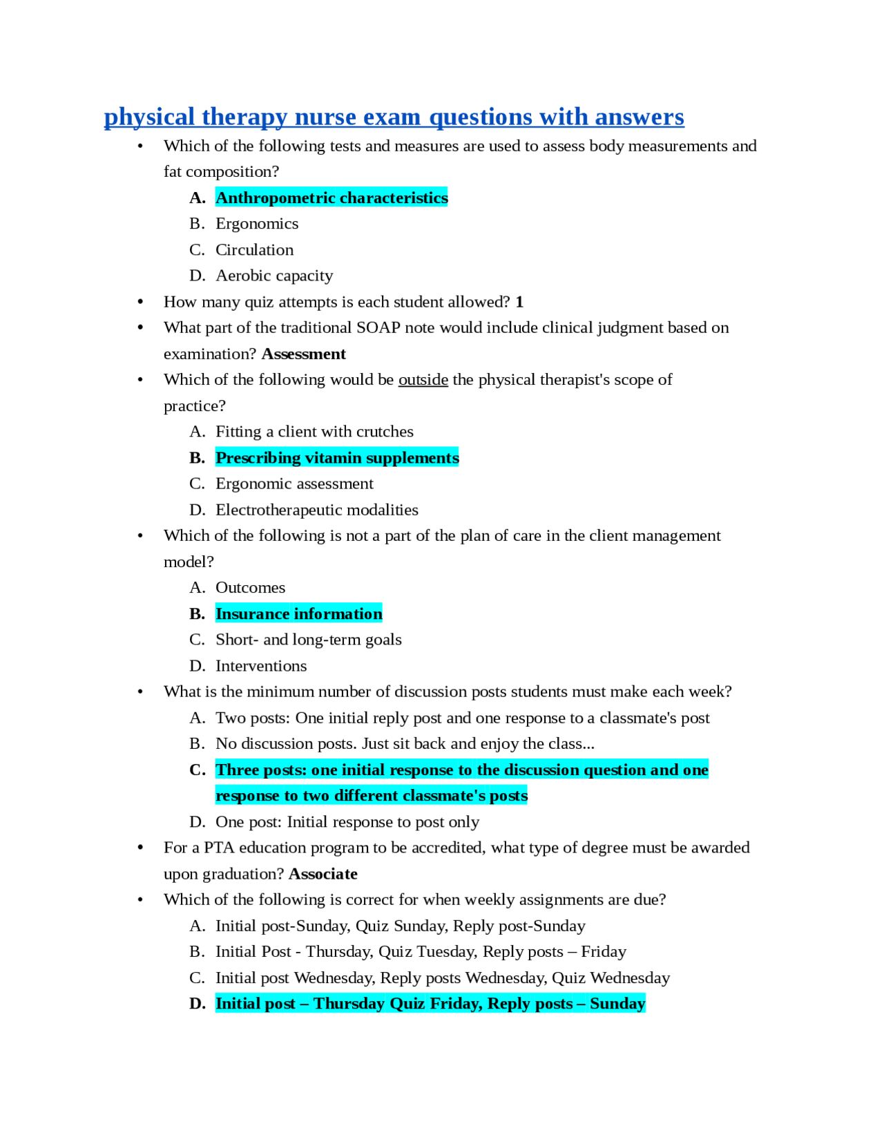 Physical therapy nurse exam questions with answers | Exams Nursing ...