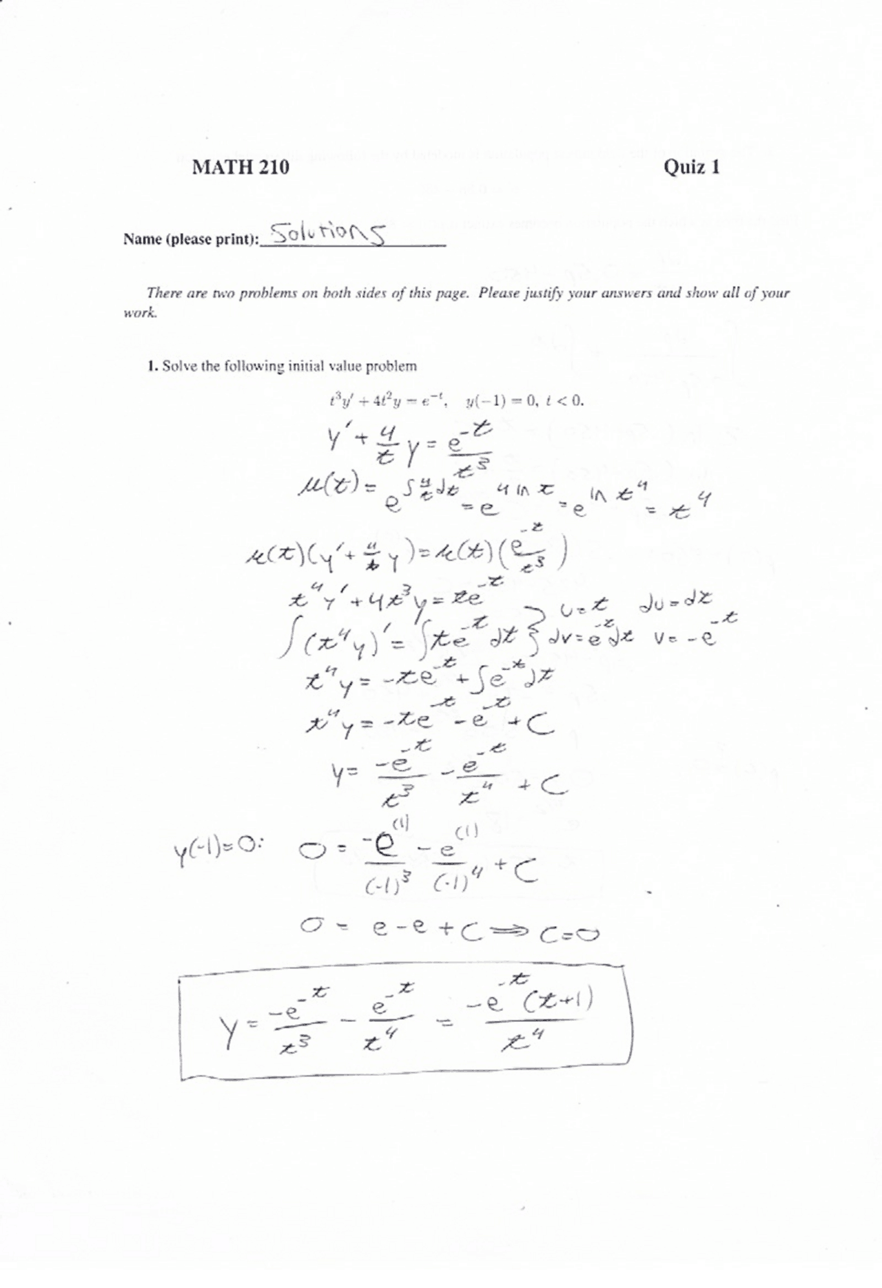 Quiz 1 Diff Equations Quizzes Differential Equations Docsity