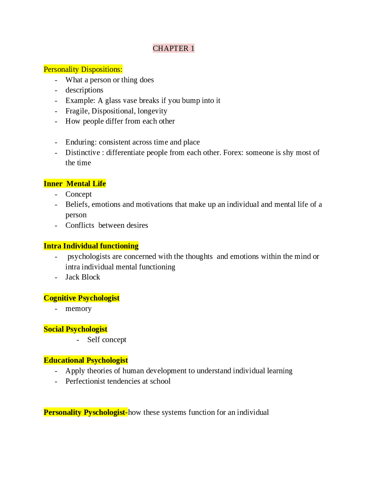 Personality Dispositions and Theories | Study notes Psychomotor ...