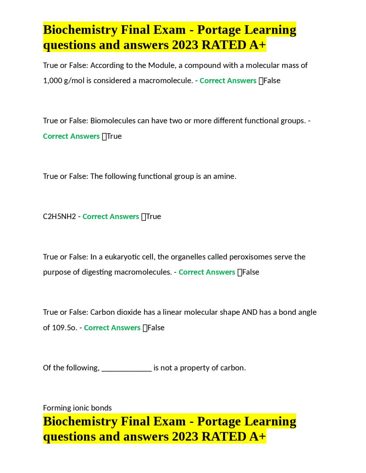 Biochemistry Final Exam - Portage Learning questions and answers 2023 ...