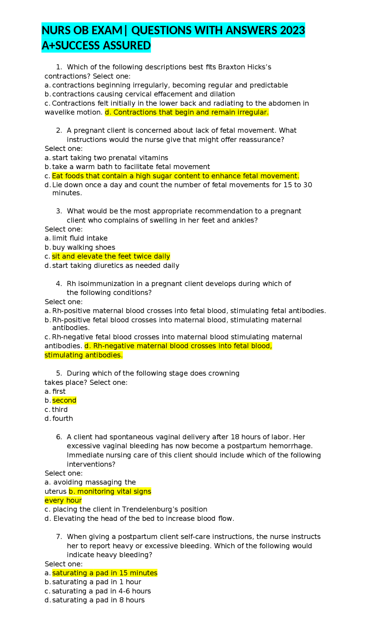 Nurs Ob Exam Questions With Answers 2023 Asuccess Assured Exams