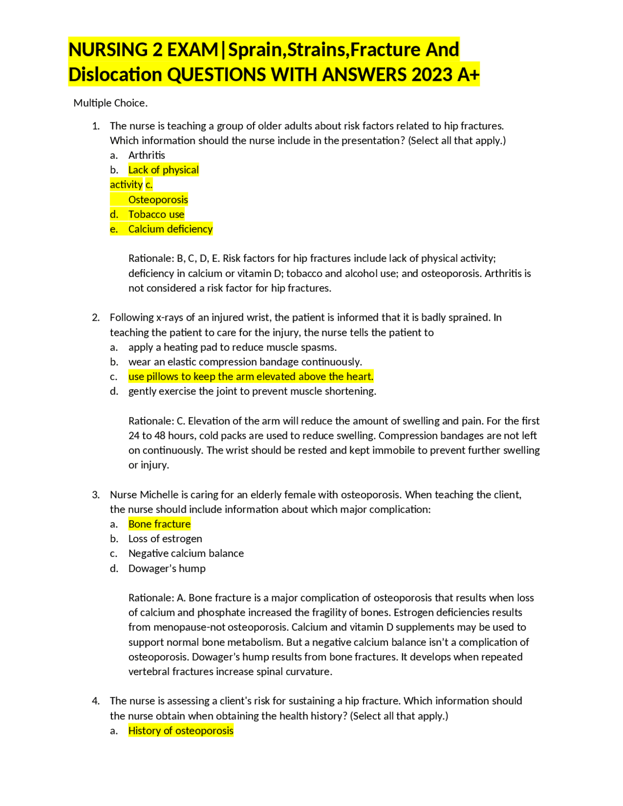 Nursing 2 Exam: Sprain, Strains, Fracture and Dislocation Questions ...